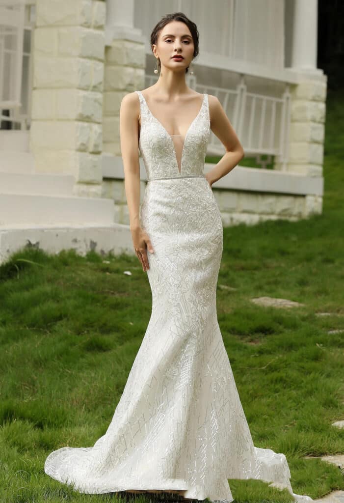 Glittery Fitted Wedding Dress With Deep V Neckline | Bridal Australia™