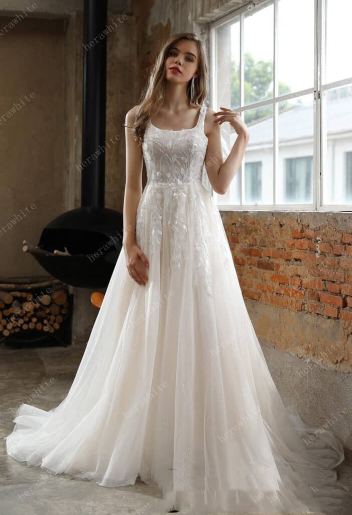 Square Neckline Wedding Dress with Delicate Leafy Lace | Bridal Australia™