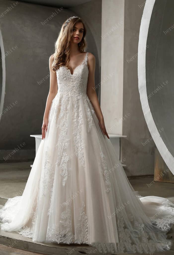 Illusion Neckline Lace Wedding Dress With Removeable Overskirt | Bridal ...